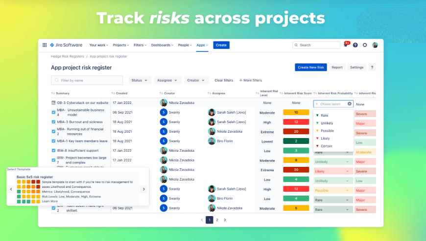 Hedge Risk Management Risk Register And Risk Matrix For Jira